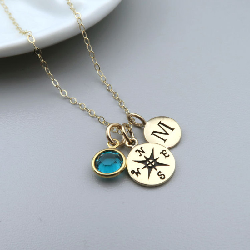 Gold Compass Necklace Personalized, Compass Initial Birthstone Necklace ...