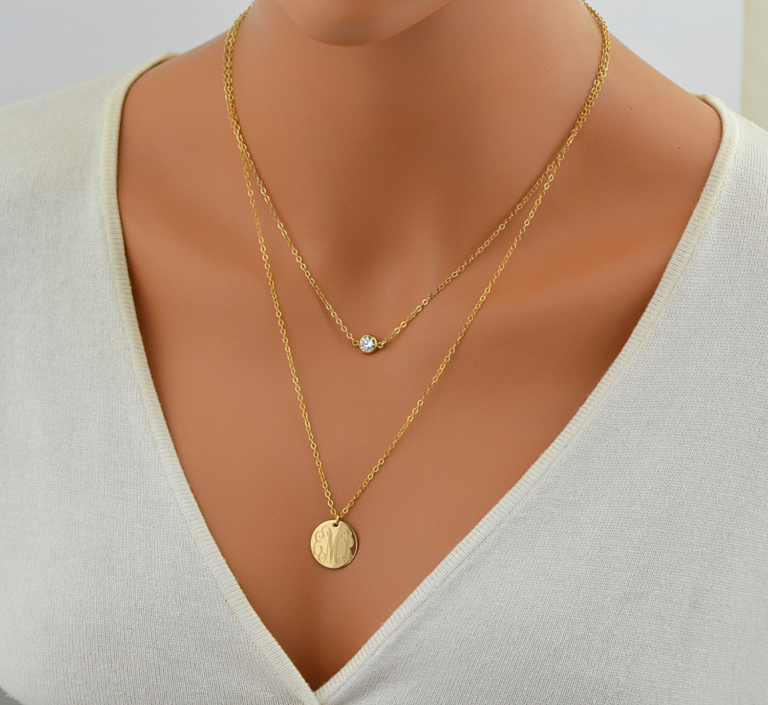 Large Disc Necklace, monogram Necklace, Gold Necklace, Circle Initial ...