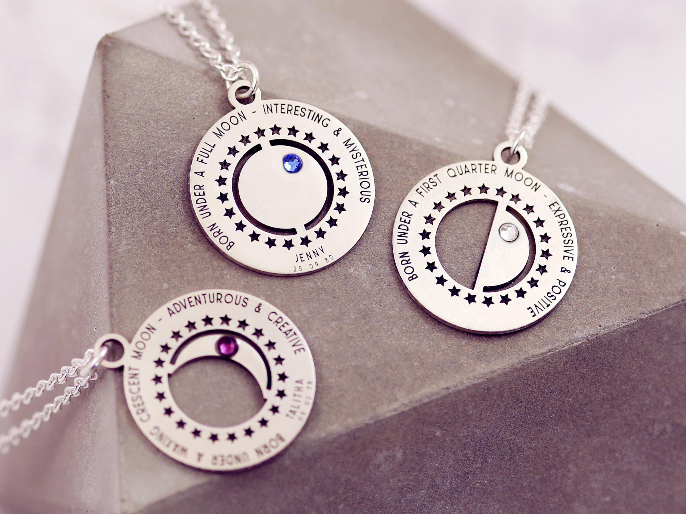 Moon Phases Necklace | Birthstone Necklace | Nameplate Necklace | Half ...