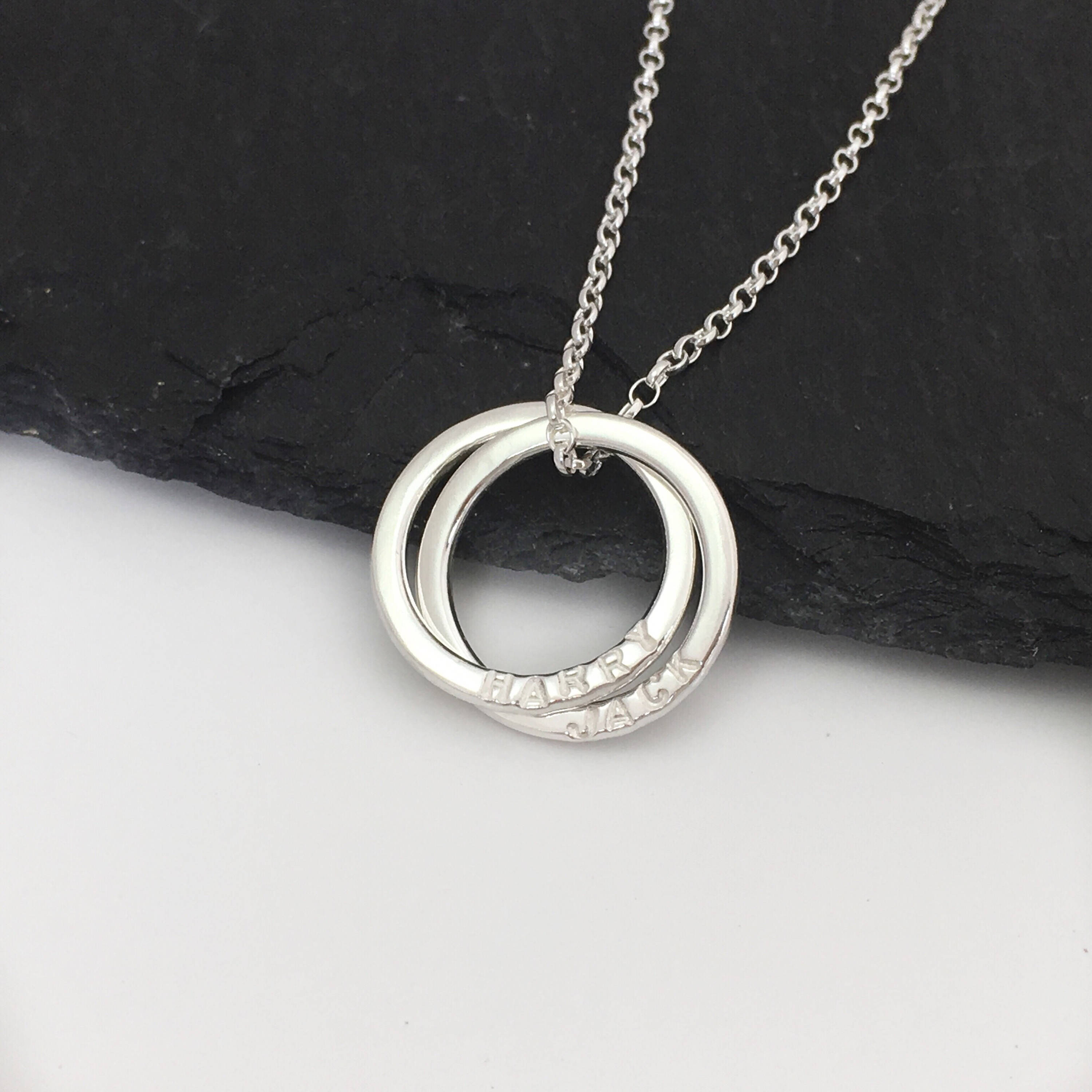 Personalised 2 ring name necklace, sterling silver linked ring necklace ...