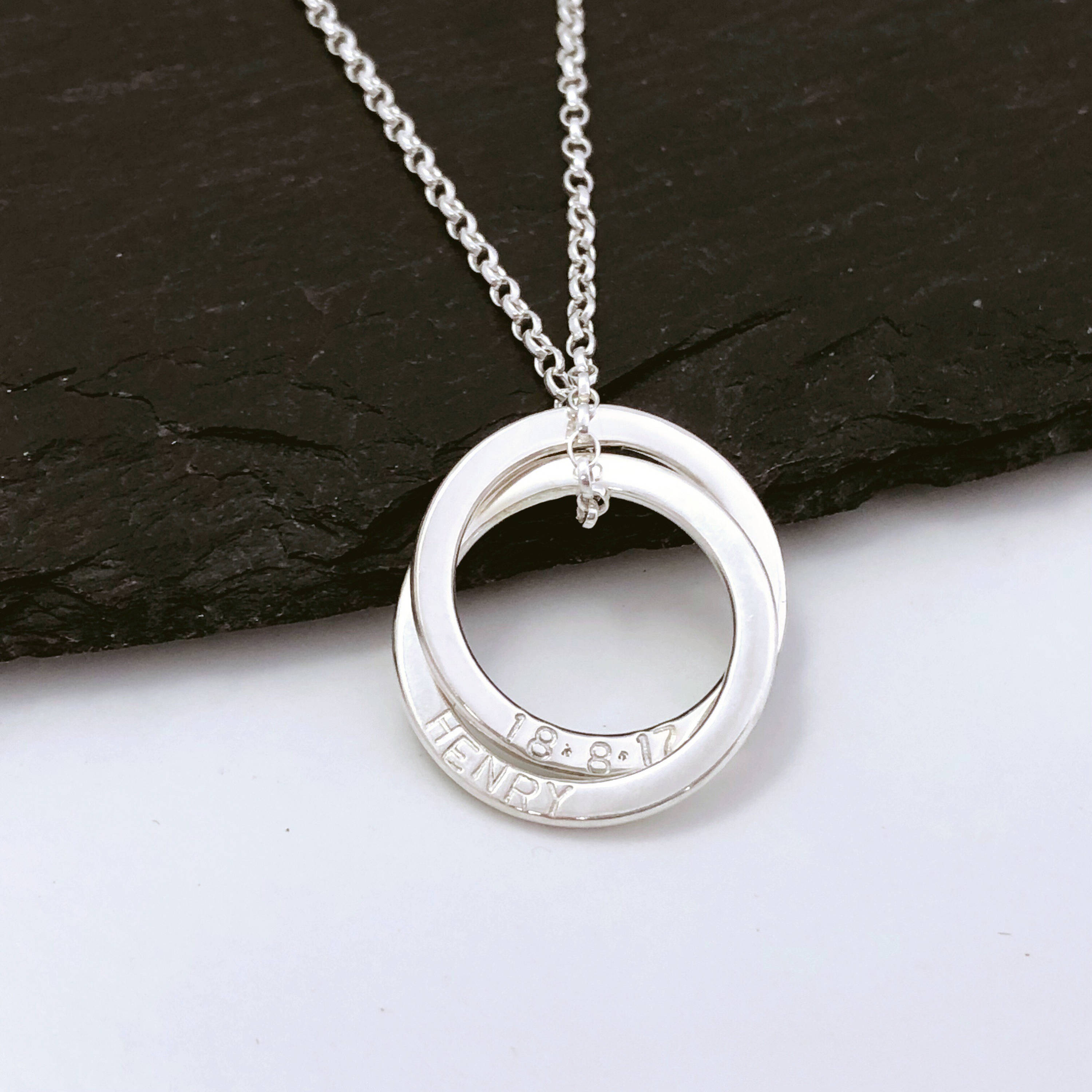 Personalised 2 ring name necklace, sterling silver linked ring necklace ...