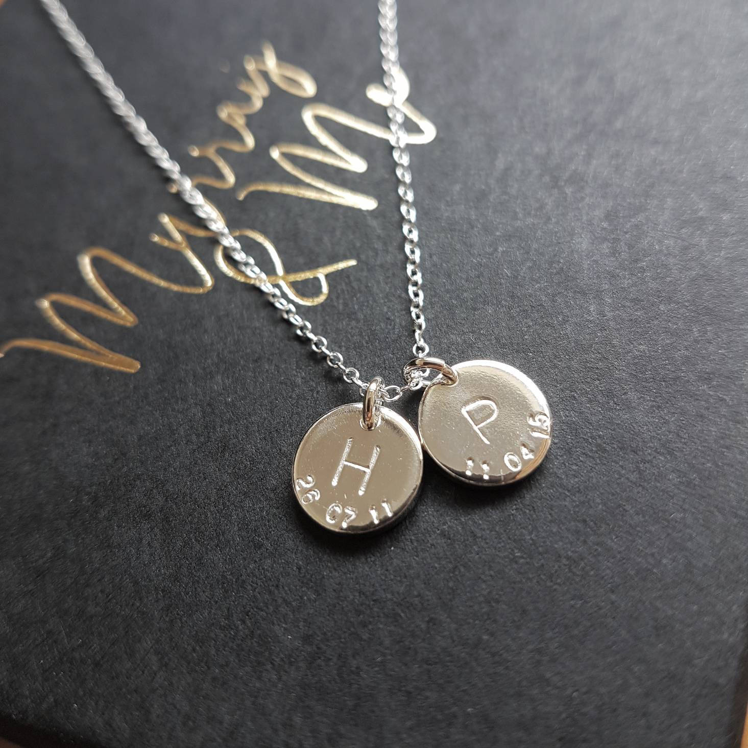Personalised sterling silver initial and date necklace, initial ...