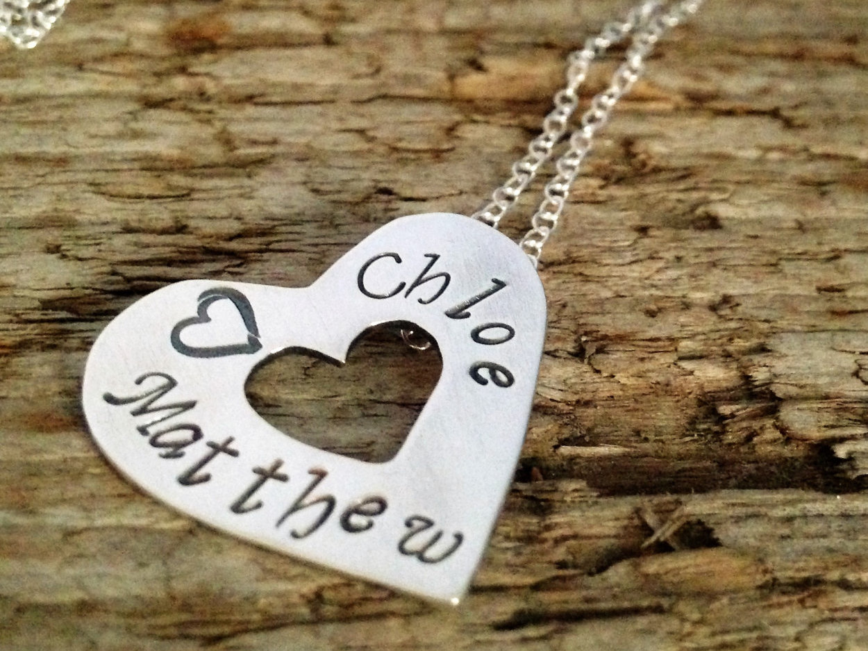 Personalized Silver Necklace, Handmade Heart Pendant Stamped with Names ...