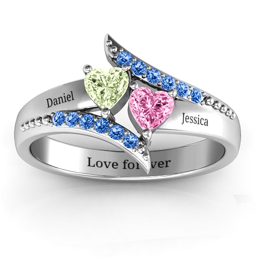 Diagonal Dream Ring With Heart Stones - All Birthstone™