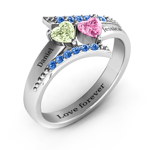 Diagonal Dream Ring With Heart Stones - All Birthstone™