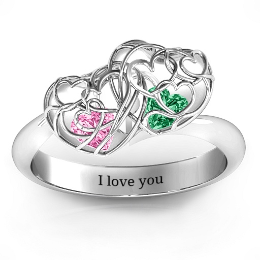 Double Heart Cage Ring with 1-6 Heart Shaped Birthstones - All Birthstone™