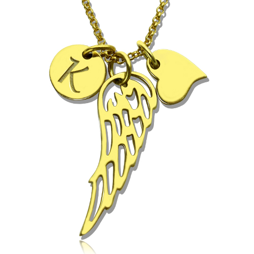 Good Luck Angel Wing Necklace with Initial Charm 18ct Gold Plated - All ...