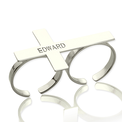 Custom Two finger Cross Ring Engraved Name Sterling Silver - All ...