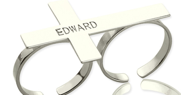 Custom Two finger Cross Ring Engraved Name Sterling Silver - All ...