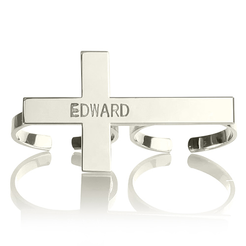 Custom Two finger Cross Ring Engraved Name Sterling Silver - All ...