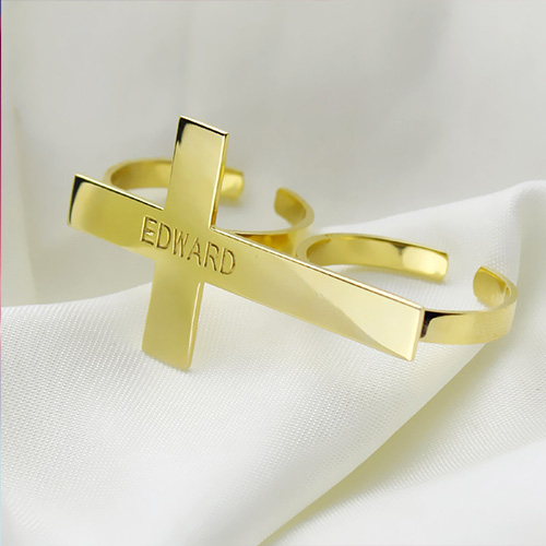 Engraved Name Two finger Cross Ring 18ct Gold Plated - All Birthstone™